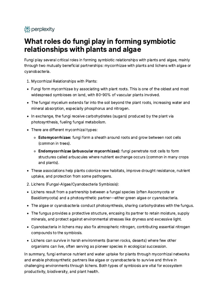 What Roles Do Fungi Play in Forming Symbiotic Rela | PDF | Fungus | Plants