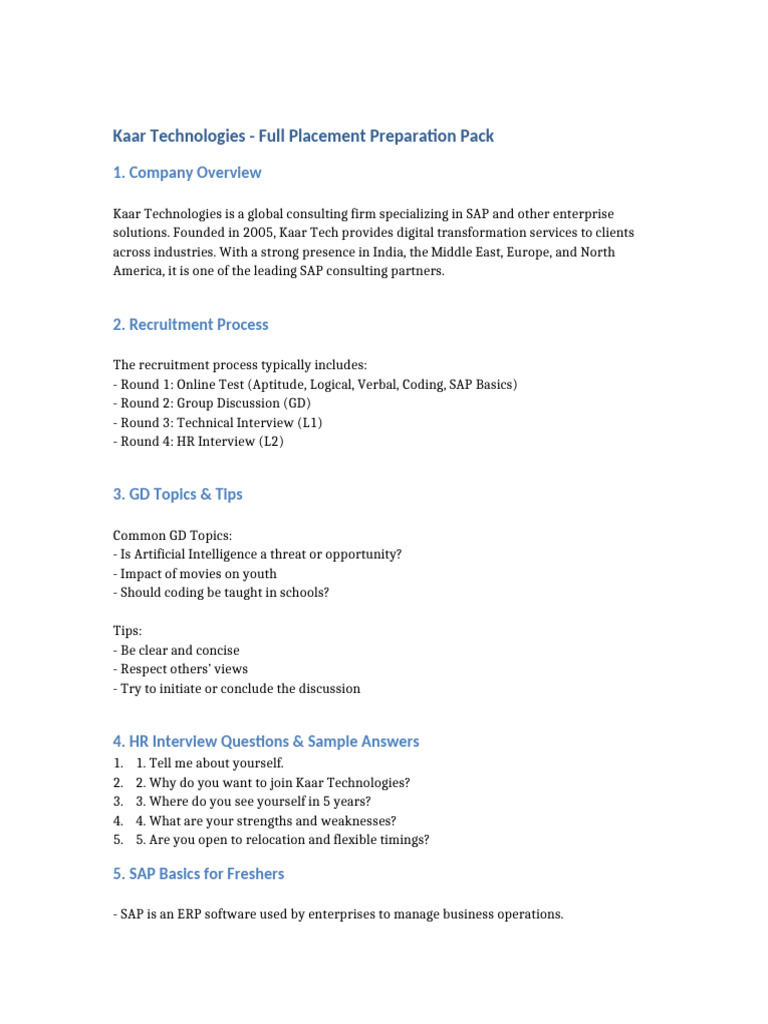 Kaar Technologies Placement Prep Guide | PDF