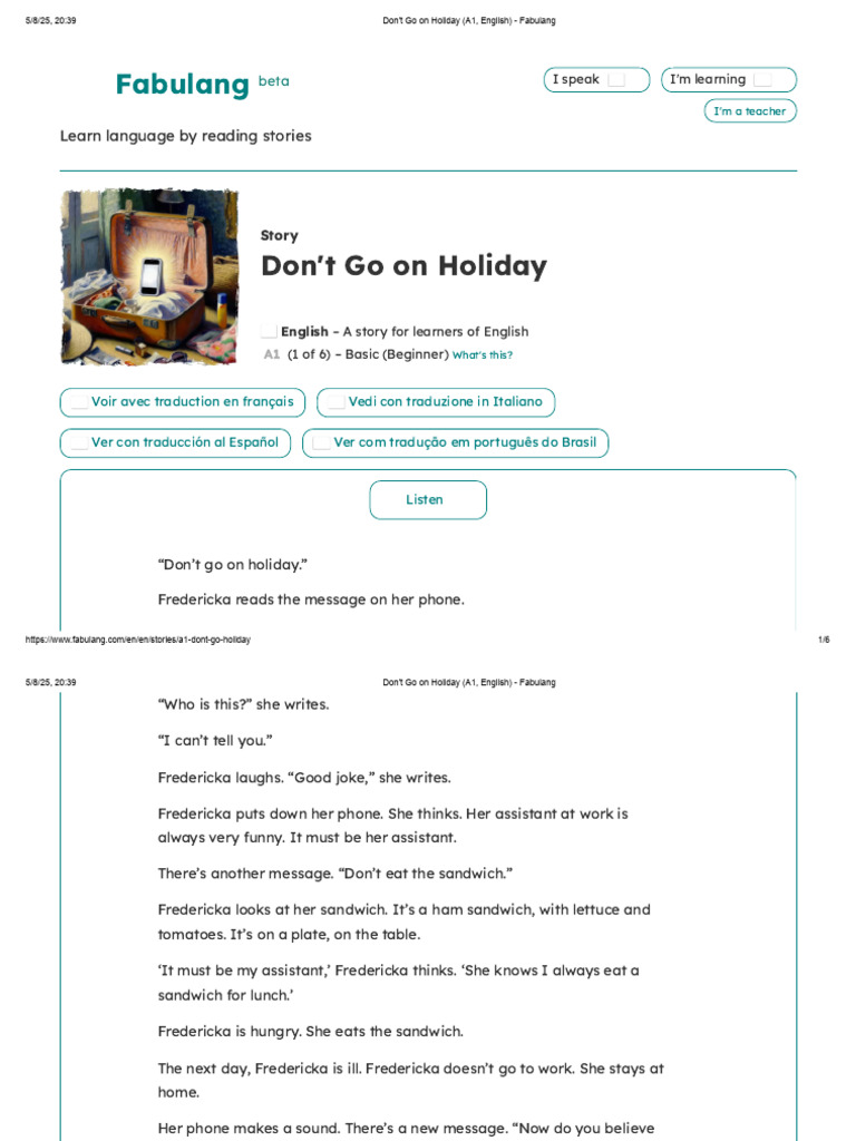 Don't Go on Holiday: A1 English Story | PDF