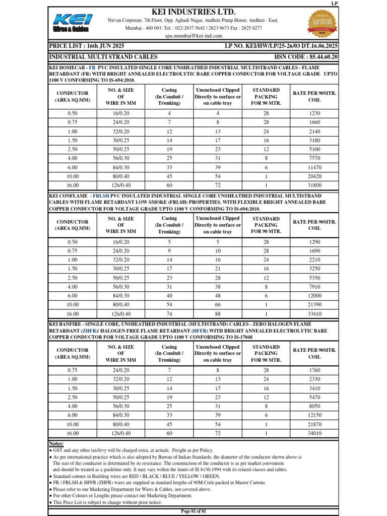 KEI Cable Price List 2025 | PDF | Electrical Conductor | Wire