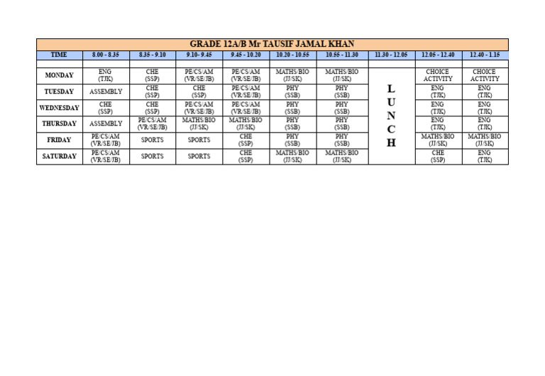Grade 12 Weekly Timetable | PDF