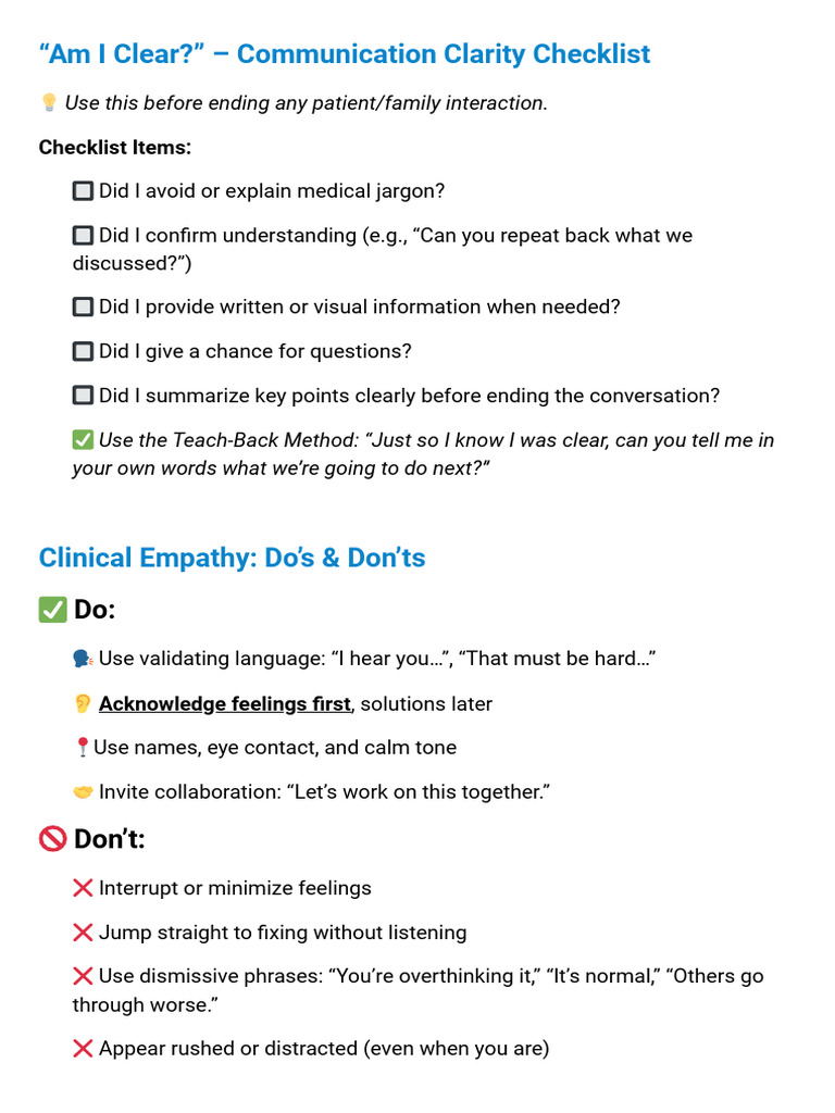Am I Clear Communication Checklist and Clinical Empathy Do's & Don'ts | PDF
