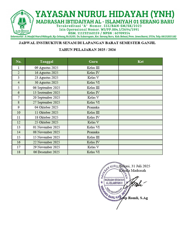 Jadwal Instruktur Senam MIS Semester 1 2025 | PDF