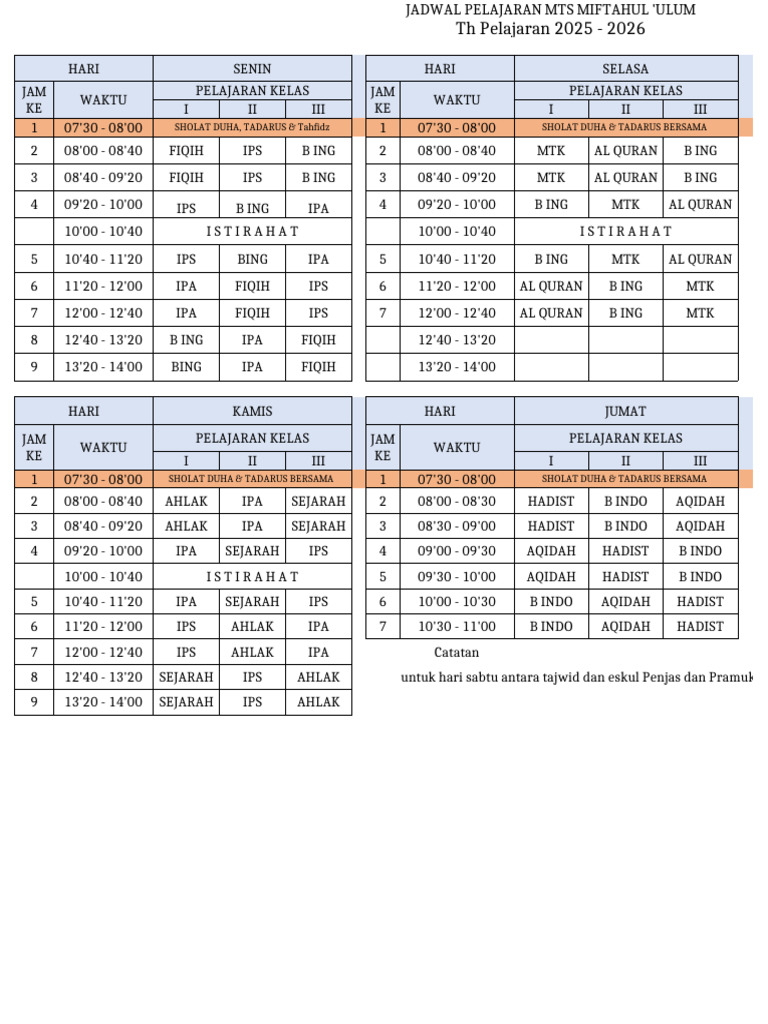 Jadwal Pelajaran MTS 2025-2026 | PDF