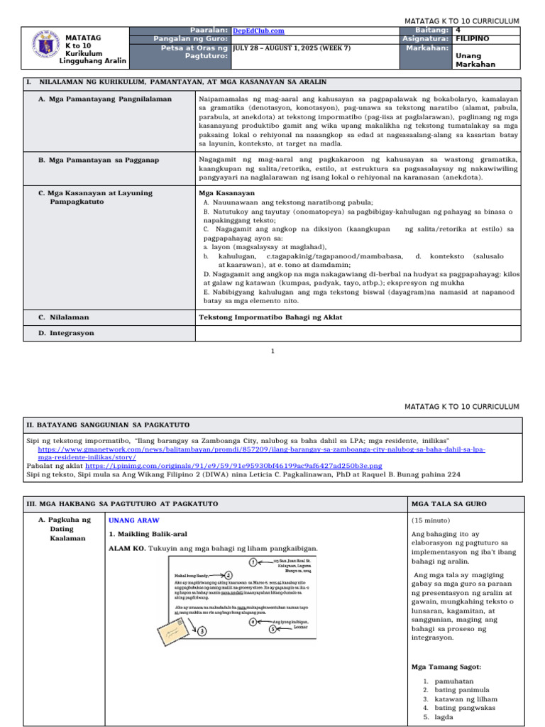DLL Matatag - Filipino 4 q1 w7 | PDF
