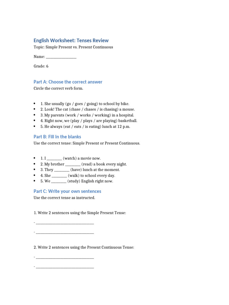 Tenses Review Worksheet | PDF