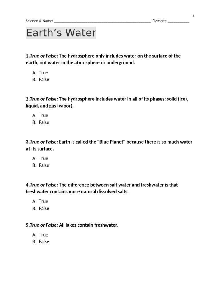 Earth's Water Distribution Worksheet | PDF | Water | Earth