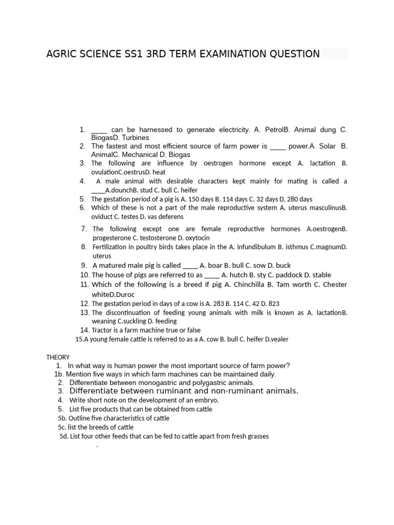 Agric Ss1 3rd Term Examination Question | PDF