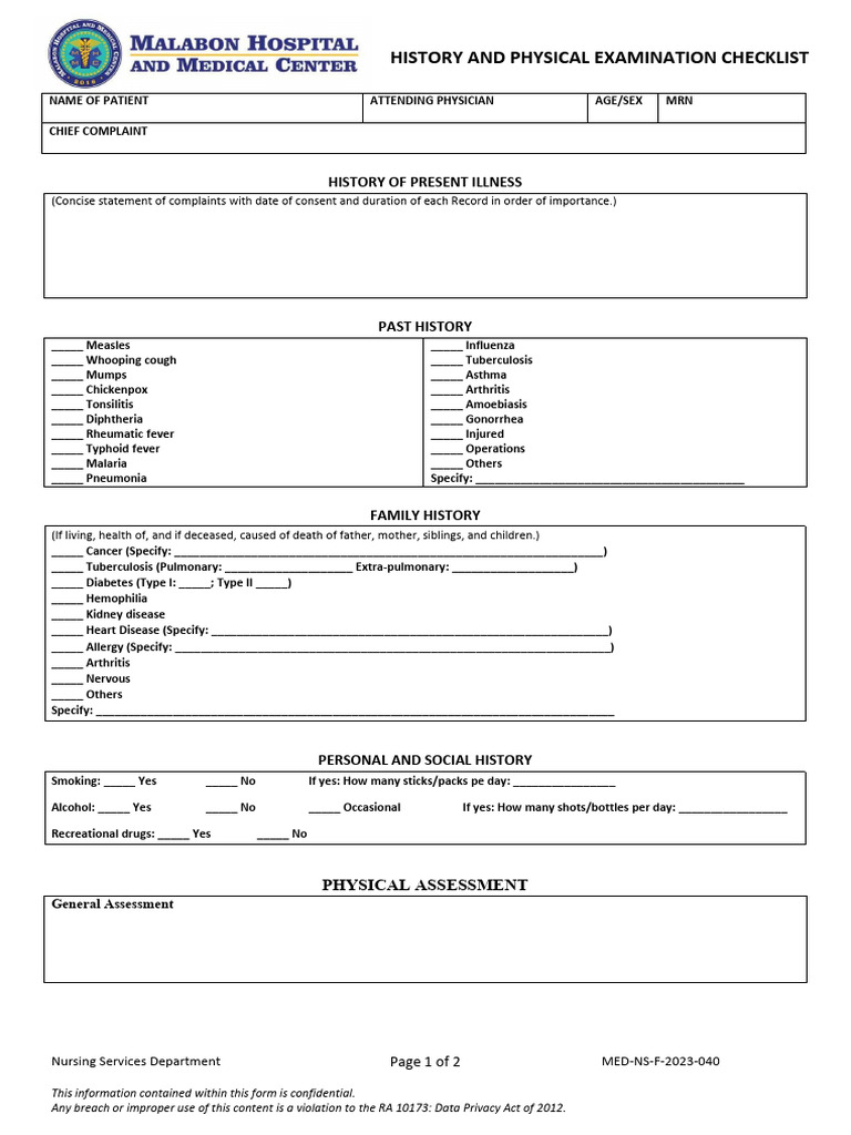 Annual Physical Exam Checklist | PDF | Respiratory Diseases | Physical ...