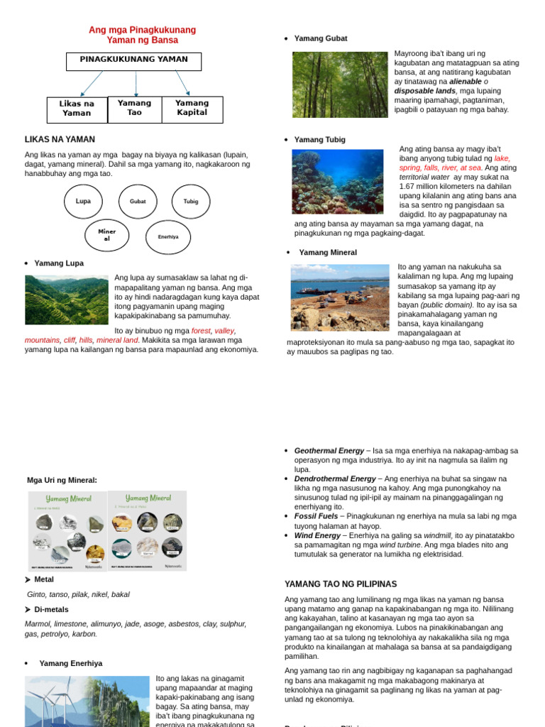 Ang Mga Pinagkukunang Yaman NG Bansa - Learning Notes | PDF