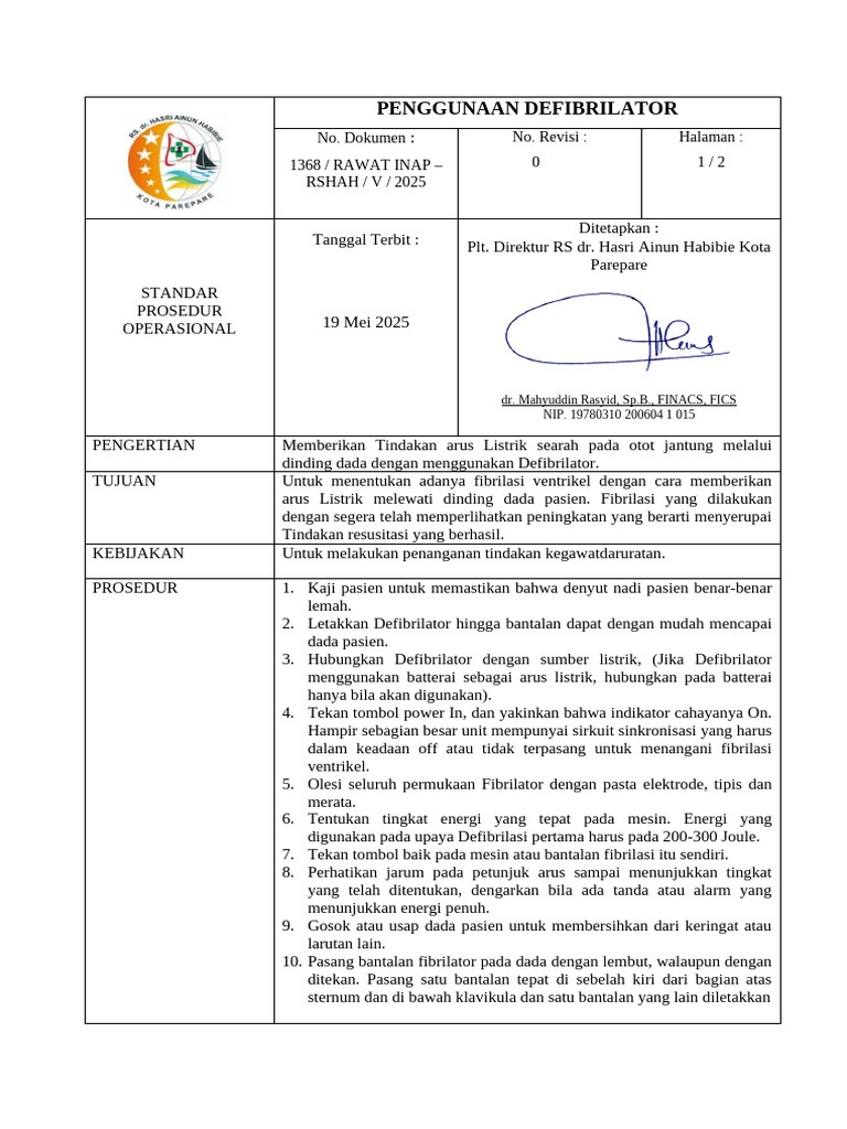 Prosedur Penggunaan Defibrilator Medis | PDF