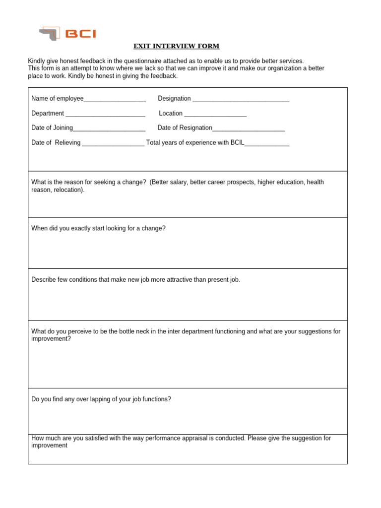BCIL Exit Interview Feedback Form | PDF