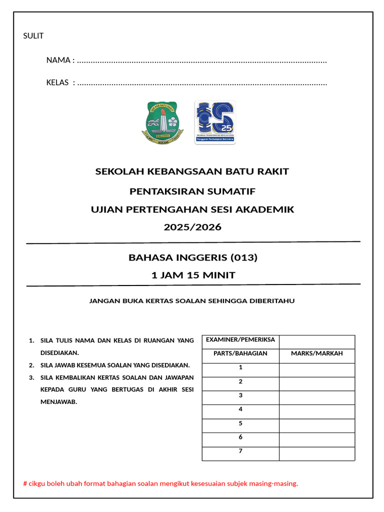 Cover Page Pentaksiran Sumatif Upsa | PDF