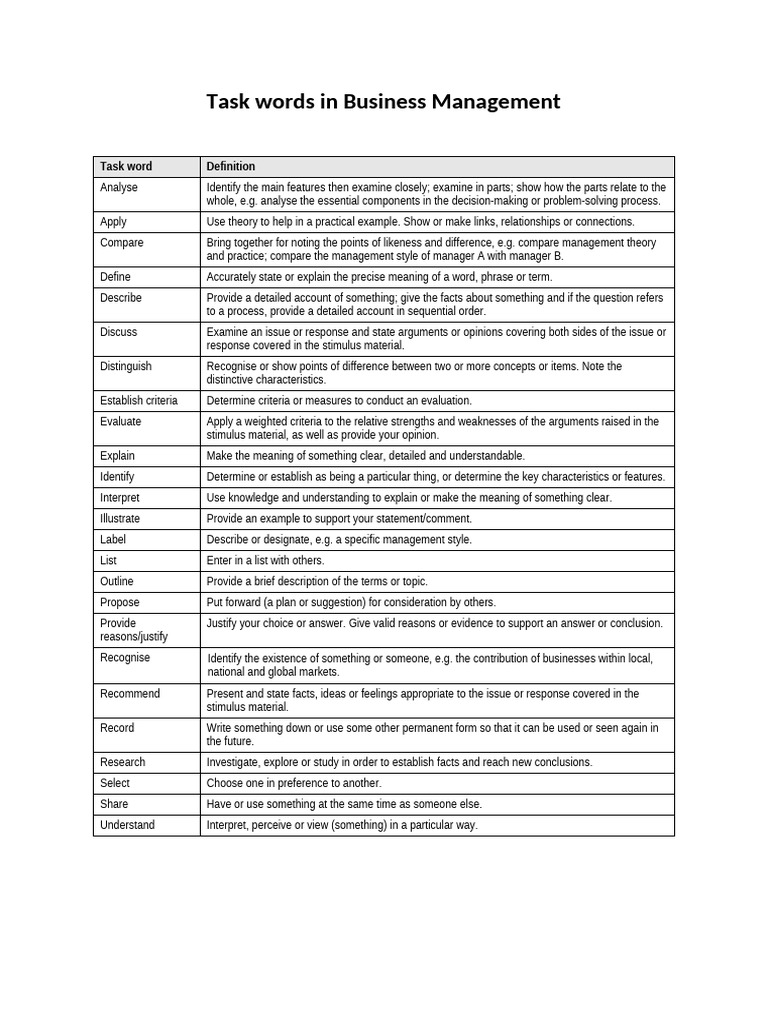 Task Words in Business Management | PDF | Semantics | Reason