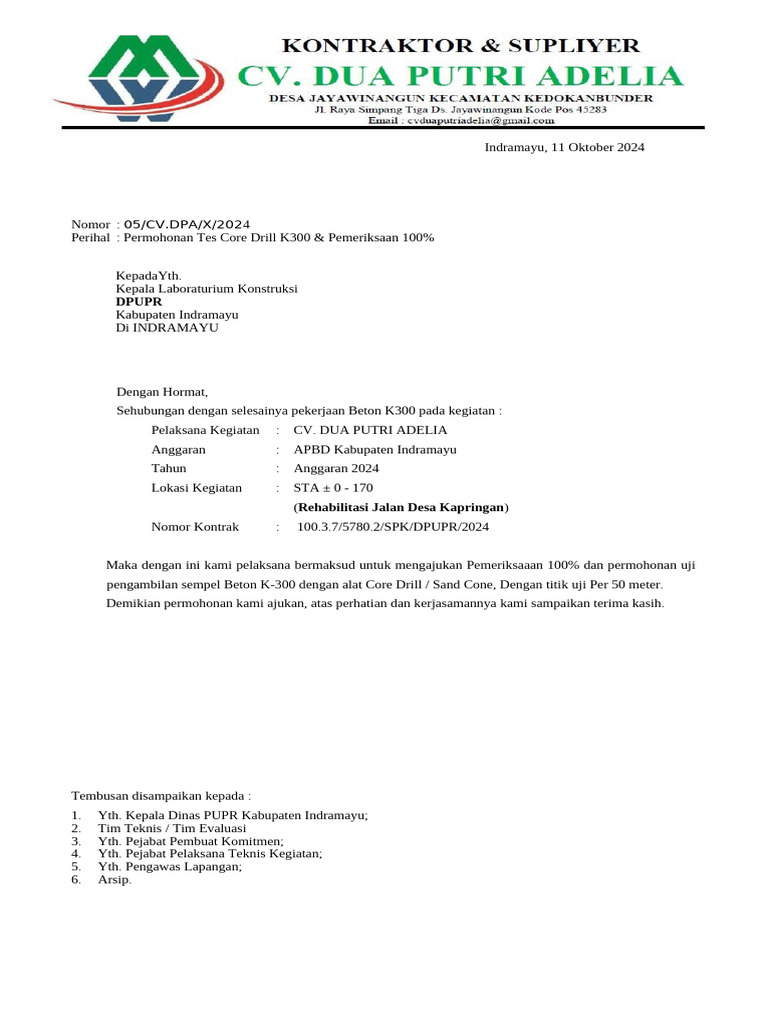 Surat Permohonan Pengajuan Coring Dua Putri Adelia | PDF