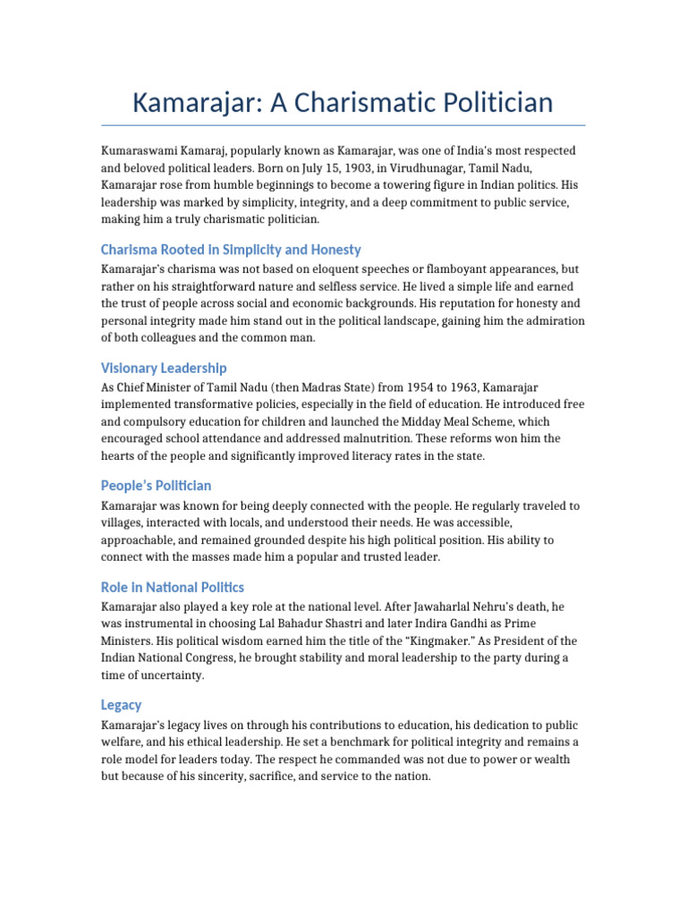 Kamarajar Essay A4 (1) | PDF