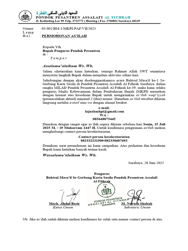 Permohonan As'ilah untuk Bahtsul Masa'il | PDF