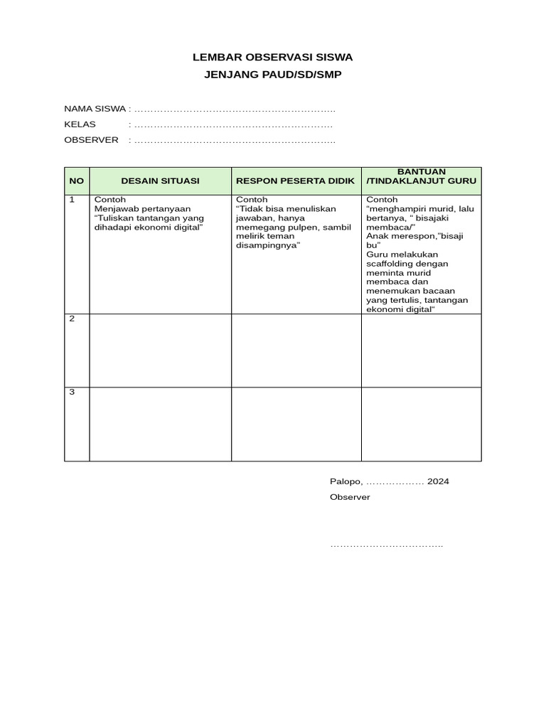 Contoh Lembar Observasi Siswa SD | PDF