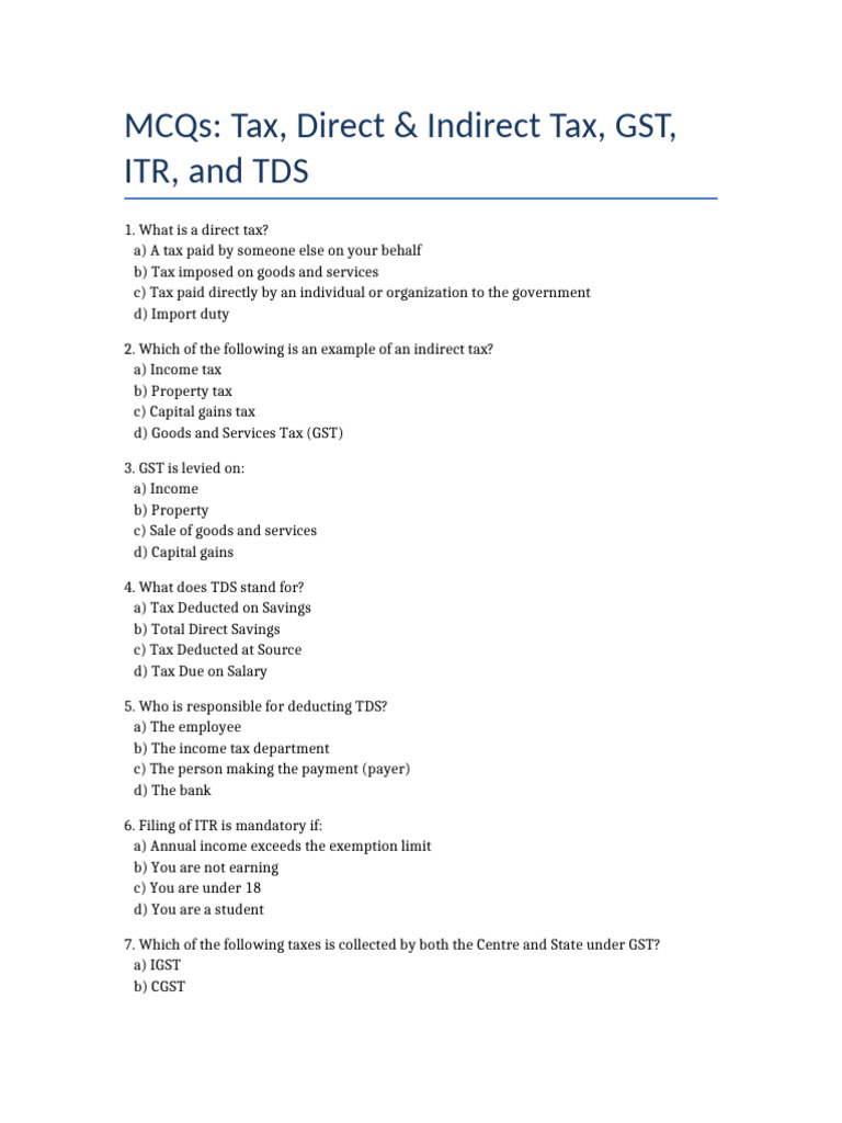 MCQ Tax GST ITR TDS | PDF
