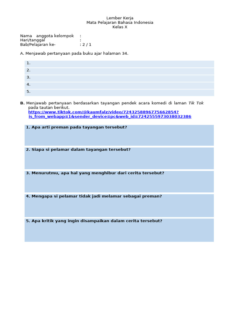 Lembar Kerja Bab 2 Pelajaran Ke-1 (Identifikasi Makna Anekdot) | PDF