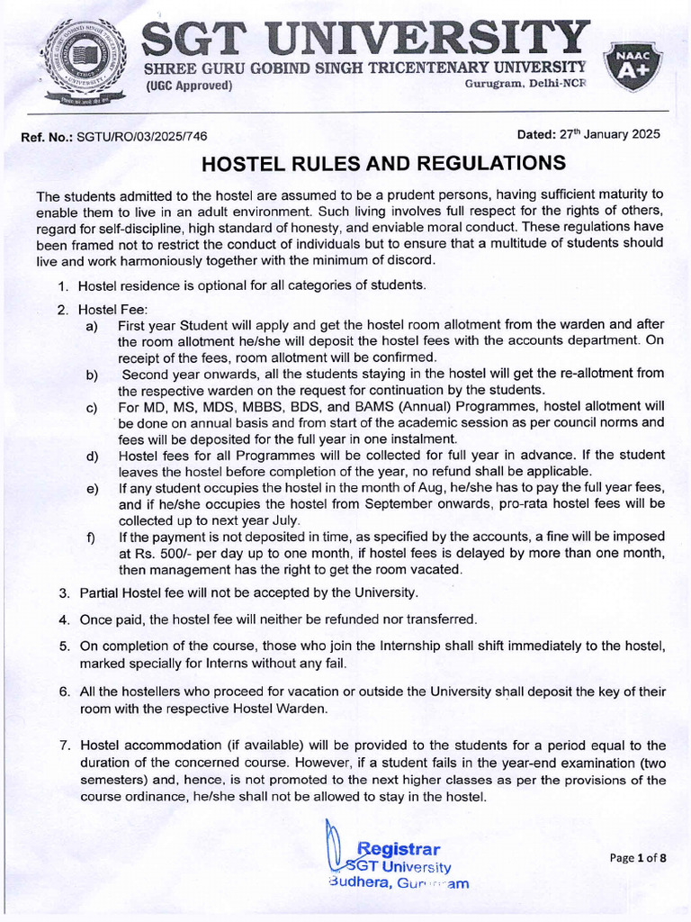 Hostel Rules and Regulations Dated 27th January 2025 | PDF