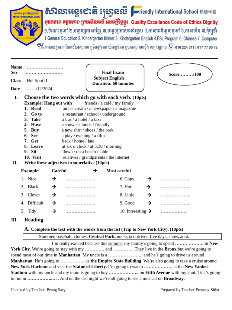 Hot Spot II Final Exam (Sitha) | PDF | Linguistics | Linguistic Morphology