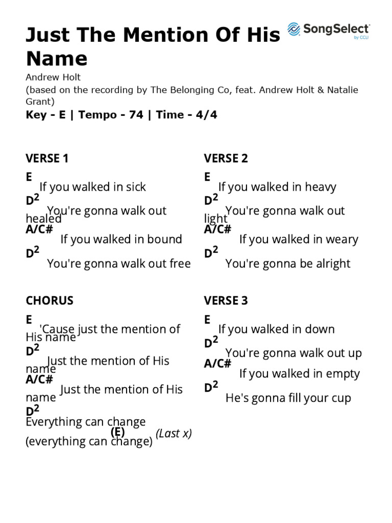 Just the Mention of His Name Lyrics | PDF