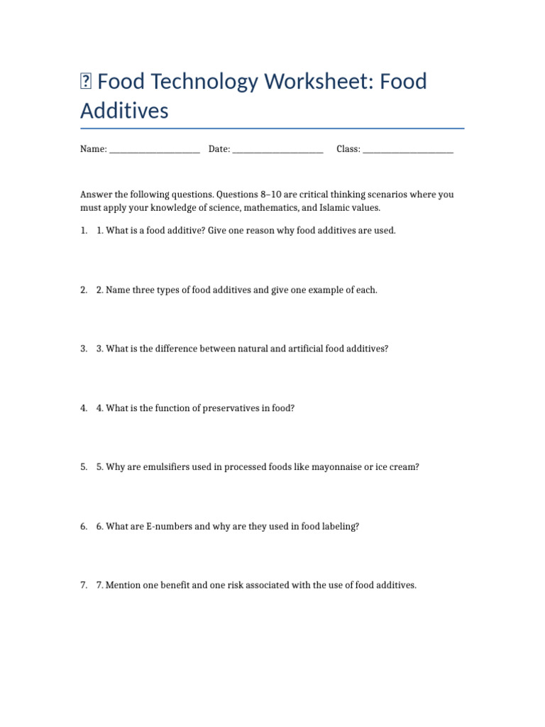 Food Additives Integrated Thinking Worksheet | PDF