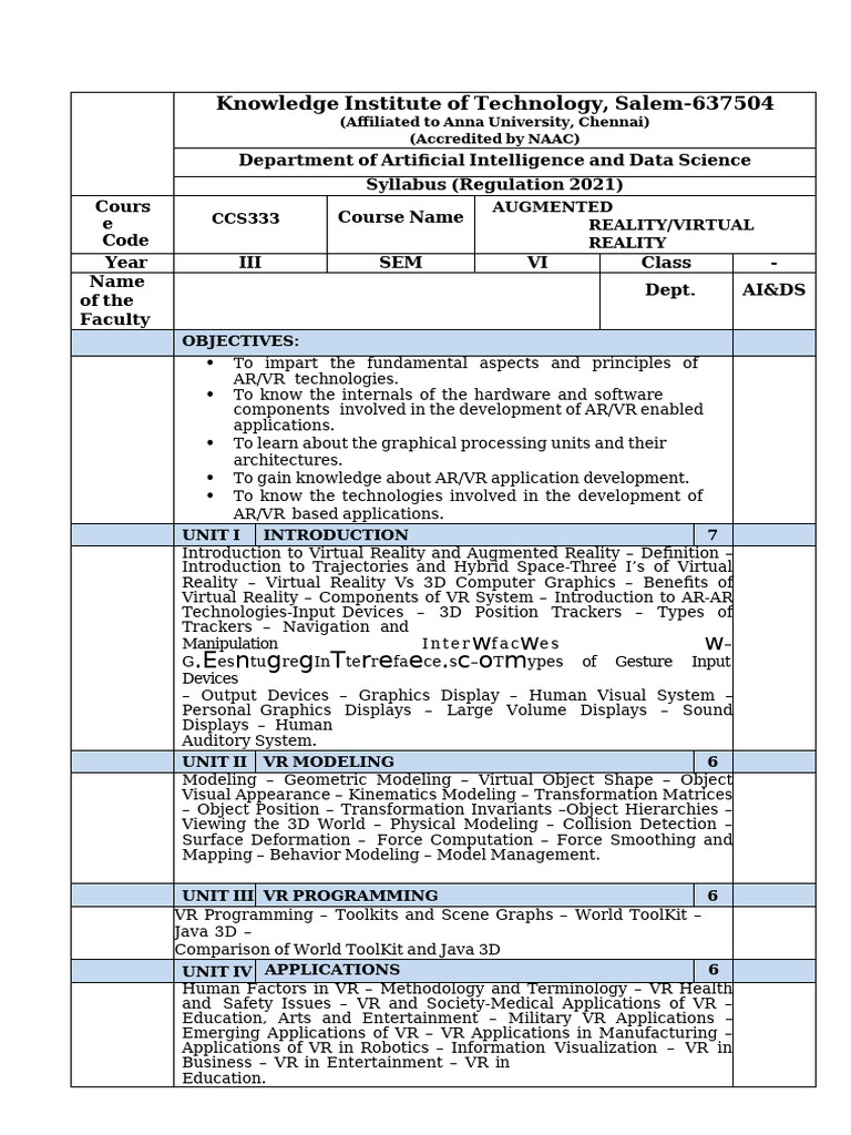 AR/VR Course Syllabus CCS333 | PDF | Virtual Reality | Augmented Reality
