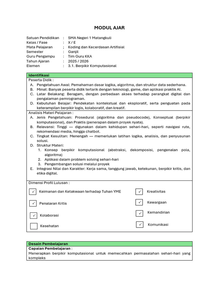 Modul Ajar KKA Fase E CP Berpikir Komputational | PDF