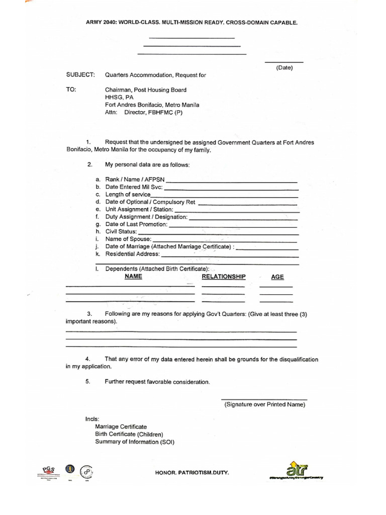 Application Form For Officer Quarters | PDF