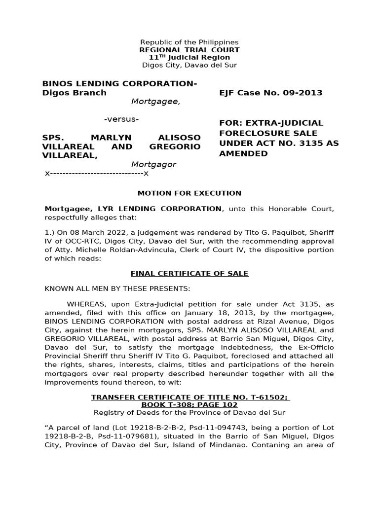 BLC v. Sps. Villareal (Motion For Execution) | PDF | Mortgage Law ...