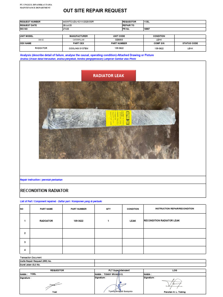 Radiator Leak Repair Request Form | PDF | Transport Phenomena ...