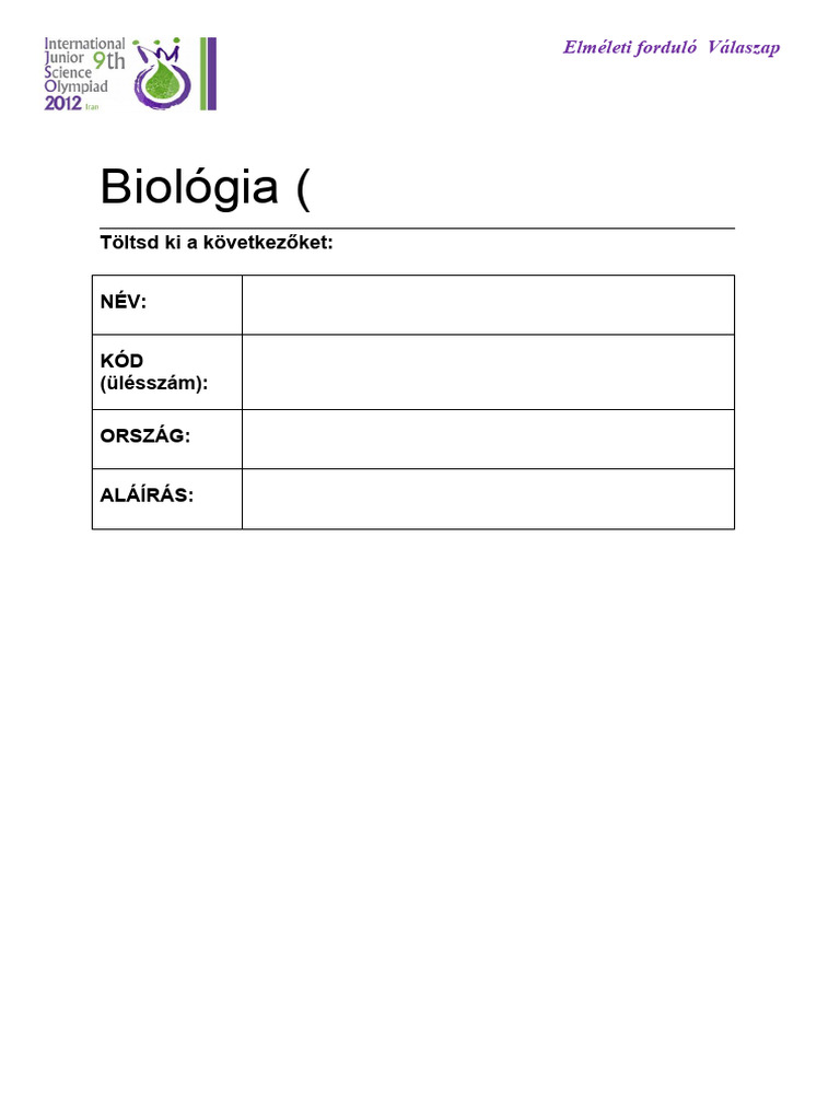 Theory Answer Sheet Biology Hungarian | PDF