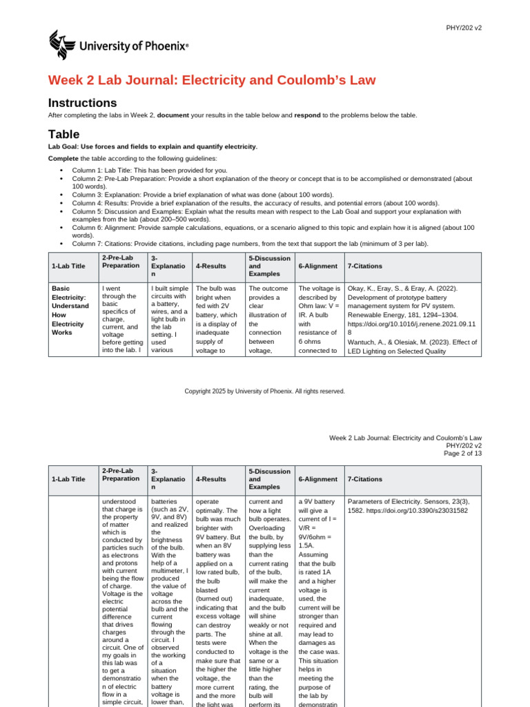 Phy202 V2 Wk2 Lab Journal Pdf Force Electricity