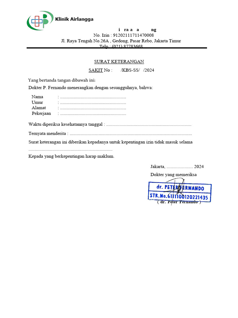Surat Keterangan Dokter Peter Fernando + Logo | PDF