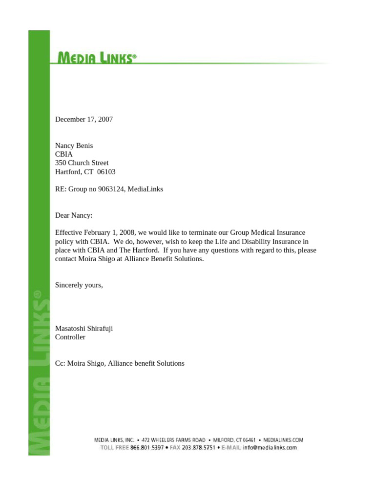 CBIA Insurance Termination Letter | PDF