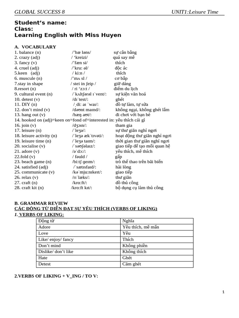 Bài Tập Bổ Trợ Anh 8 Global UNIT 1 (TV+ NP) | PDF