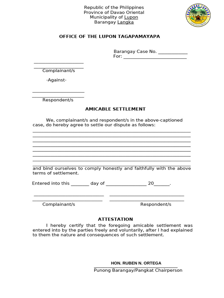 Barangay Amicable Settlement Agreement | PDF