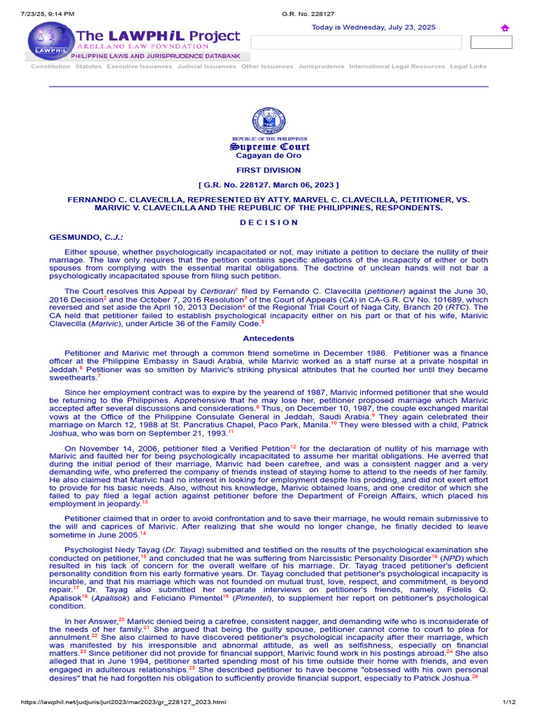 Clavecilla v. Clavecilla, G.R. No. 228127, March 6, 2023. | PDF | Annulment | Equity (Law)