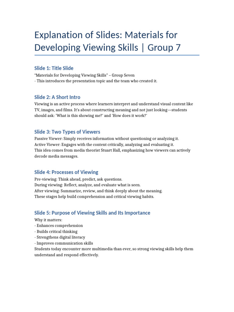 Developing Effective Viewing Skills | PDF | Reading Comprehension ...