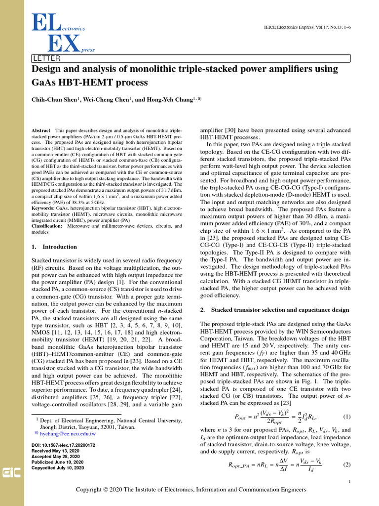 Design and Analysis of Monolithic Triple-stacked Power Amplifiers Using GaAs HBT-HEMT Process ...