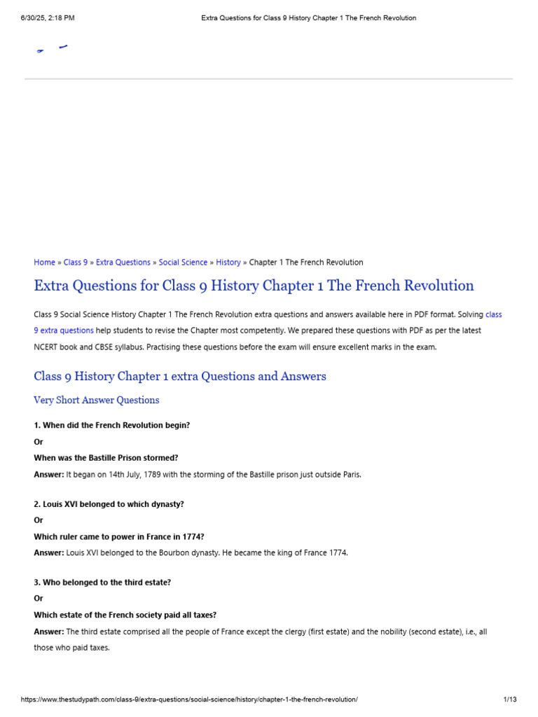 Extra Questions For Class 9 History Chapter 1 The French Revolution ...