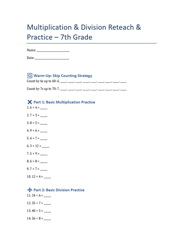 7th Grade Multiplication & Division Practice | PDF