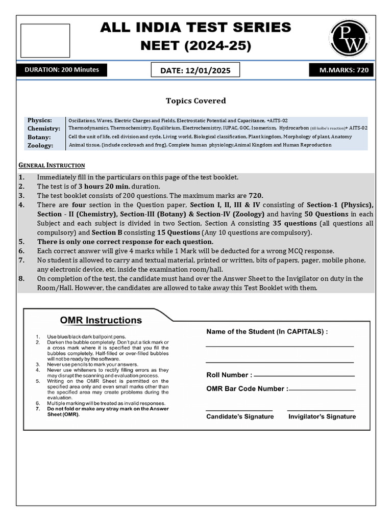 NEET 2024-25 Mock Test Instructions | PDF | Chemistry | Physical Chemistry