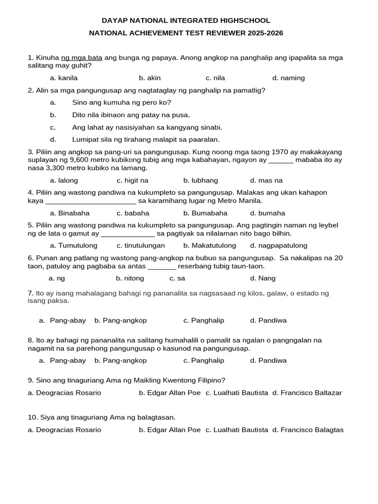 Nat Reviewer Grade 9 | PDF