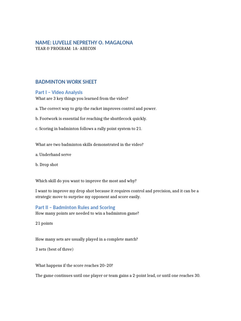 Completed Badminton Worksheet | PDF