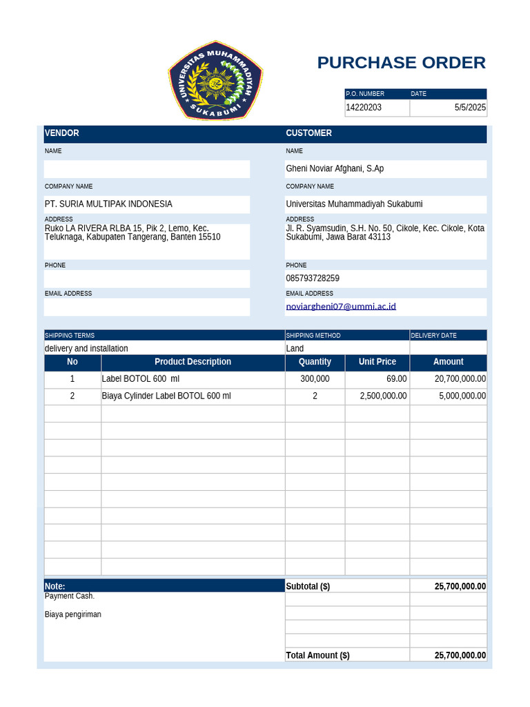Purchase Order for Label Products | PDF