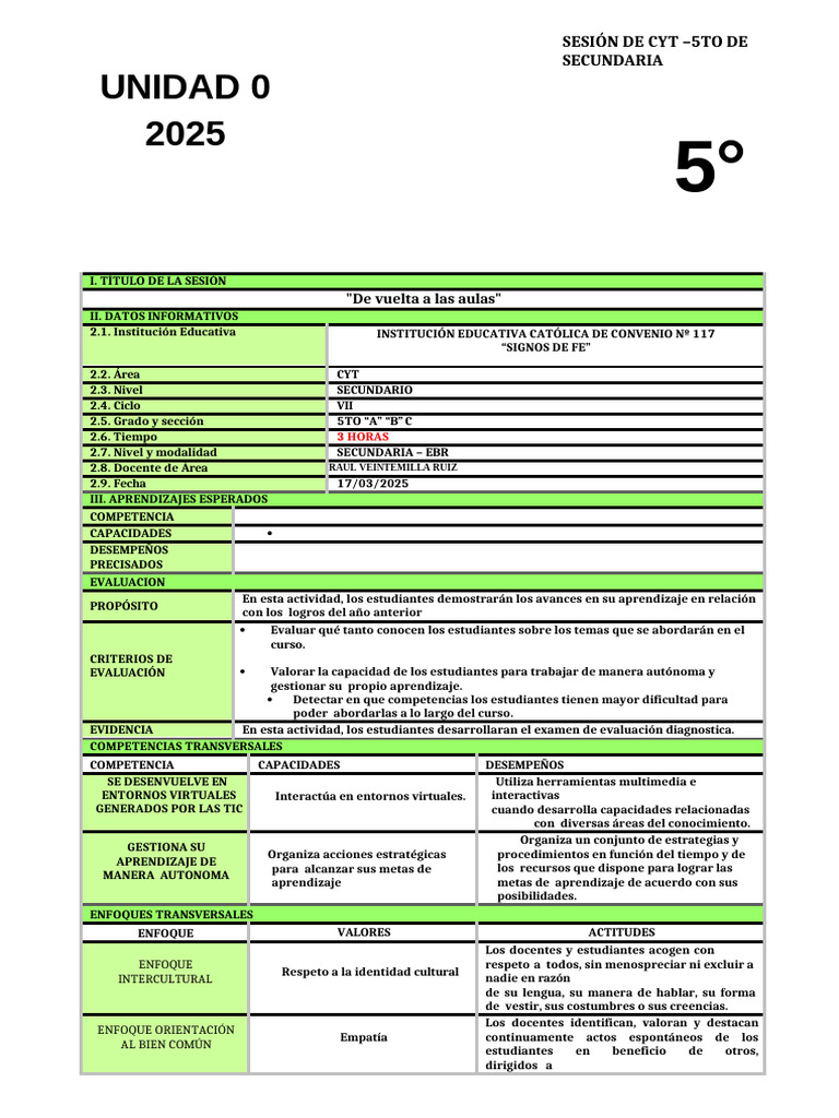 5to Abcº Sesion Sem 1 Uni 0 - Cyt 2025 Raul VR SDF | PDF | Enseñando | Maestros