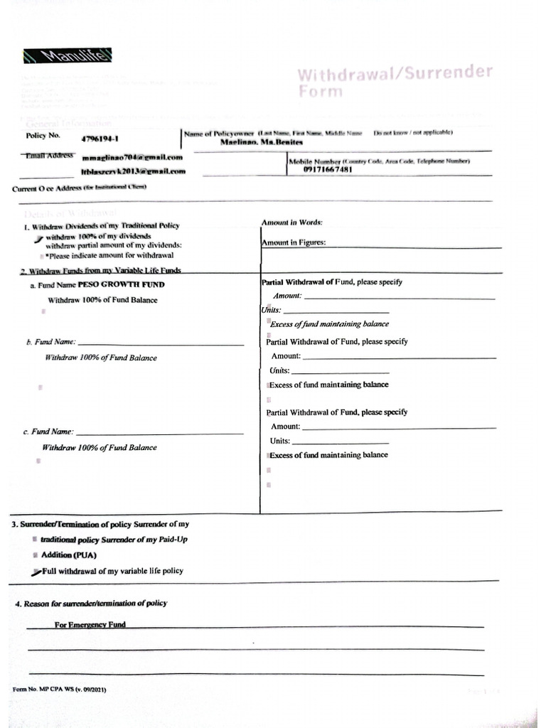 Manulife Surrender Form 4796194-1 | PDF